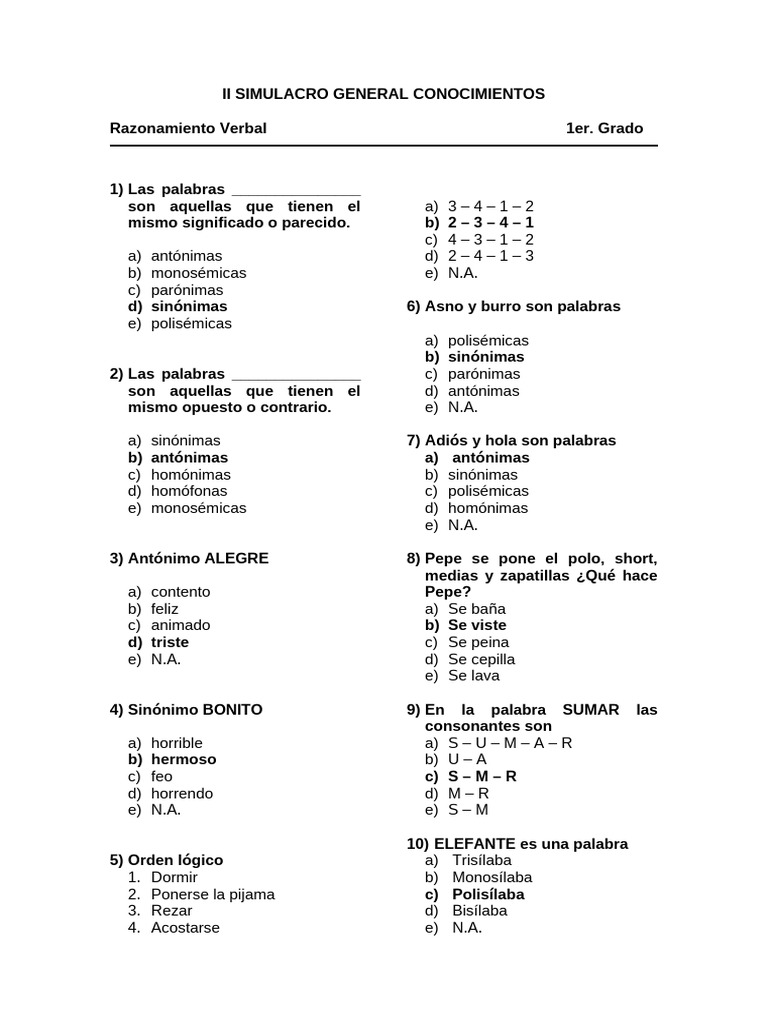 II SIMULACRO GENERAL CONOCIMIENTOS - R.V. - 1° Grado 2024 | PDF