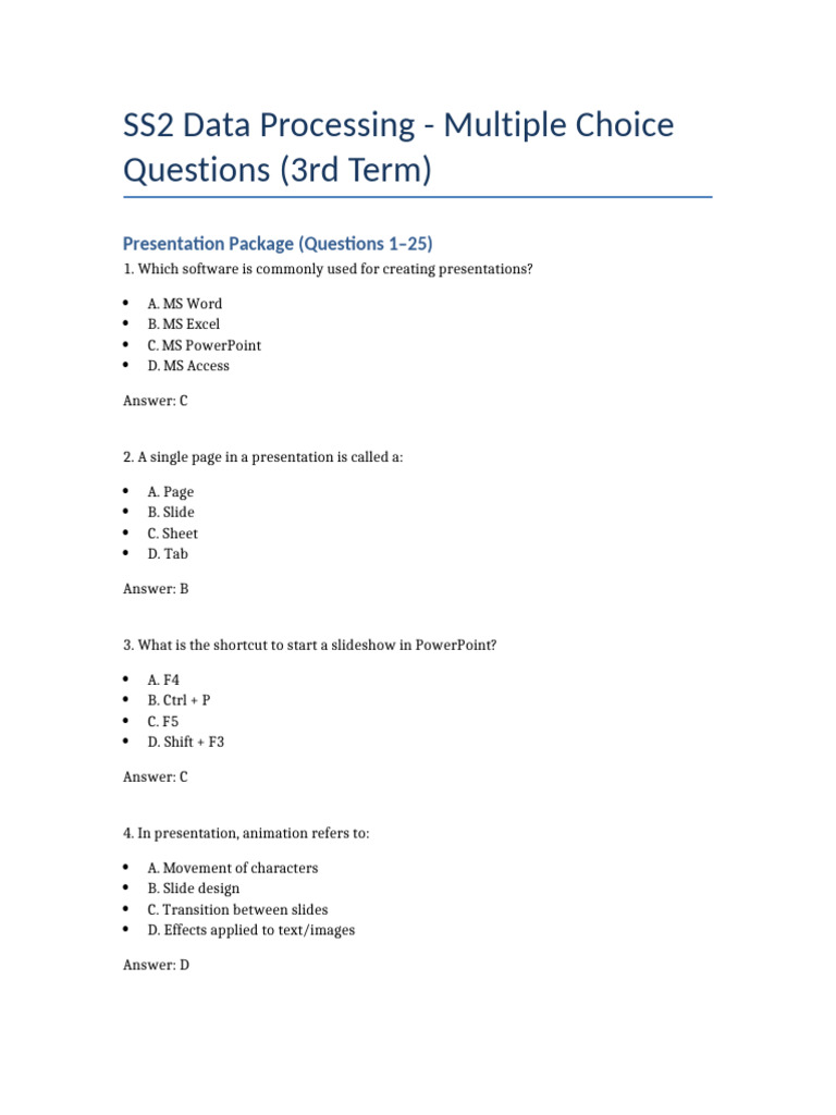 SS2 Data Processing 100 MCQs | PDF | World Wide Web | Internet & Web