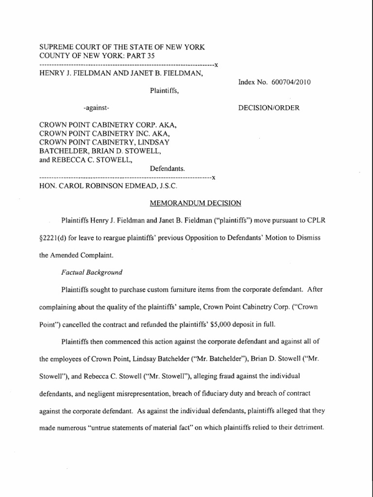 Successful Motion To Reargue in New York County Supreme Court | PDF