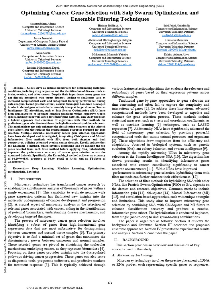 Optimizing Cancer Gene Selection With Salp Swarm Optimization and Ensemble Filtering Techniques ...