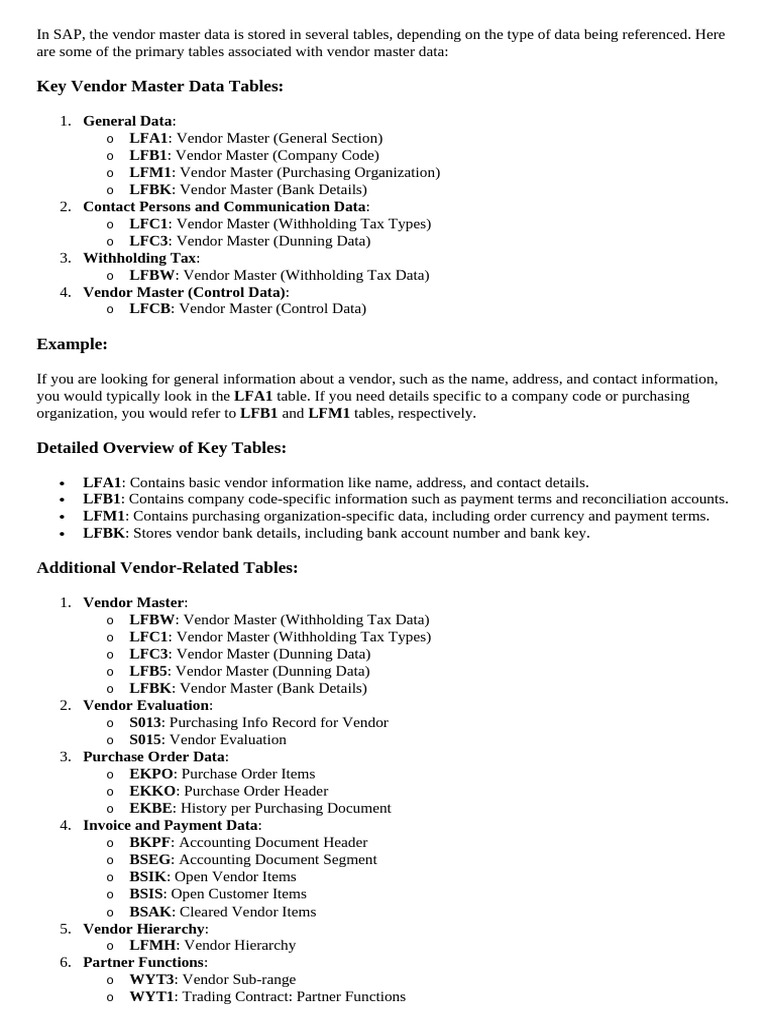 Key SAP Vendor Master Tables Overview | PDF | Invoice | Receipt