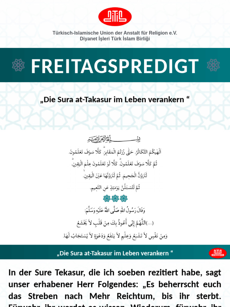Freitagspredigt: Die Sura At-Takasur Im Leben Verankern " | PDF