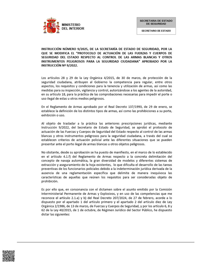 Instruccion 9-2025 Armas Blancas Automaticas | PDF | Policía | Estado (política)