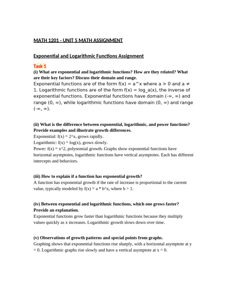 Math 1201 - Unit 5 Math Assignment | PDF | Function (Mathematics) | Logarithm