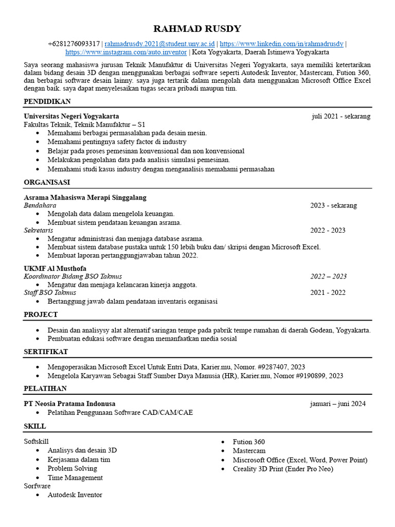 CV Rahmad Rusdy Terbaru Mei 2024 | PDF