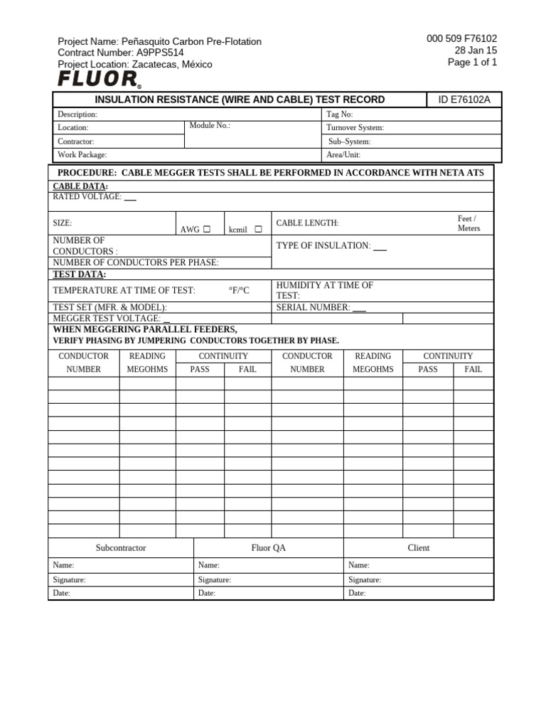 F76102 Insulation Resistance (Wire and Cable) Test Record | PDF