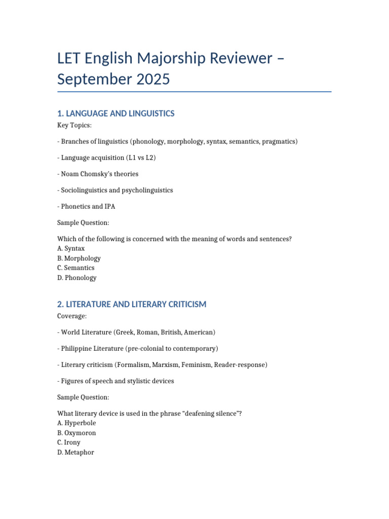 LET English Majorship Reviewer 2025 | PDF | Linguistics | Word