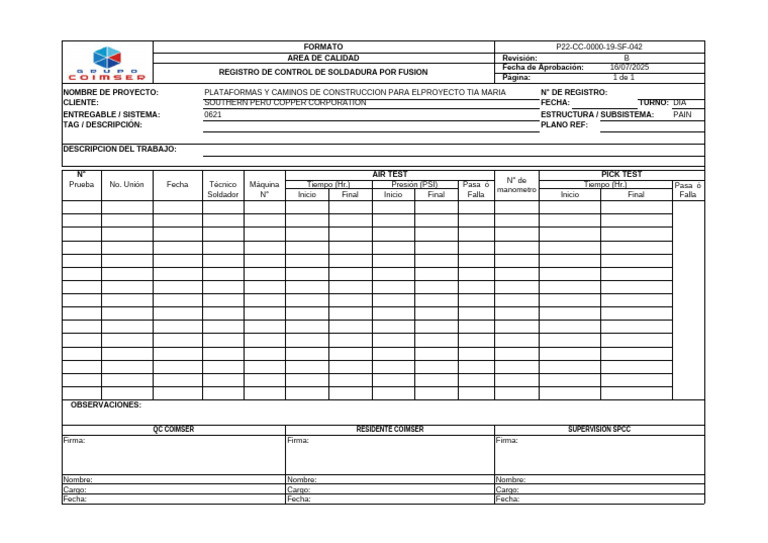 P22-CC-0000-19-SF-042 - B - Registro de Control de Soldadura Por Fusion | PDF | Ingeniería ...