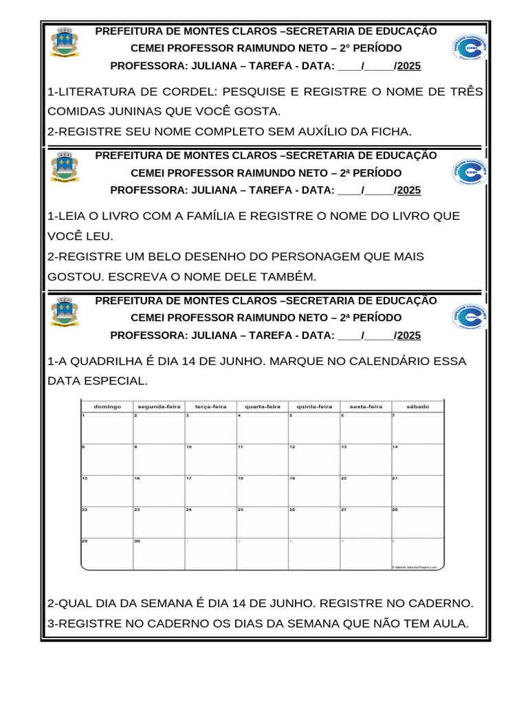 Tirinha Atividades Tarefas 9 A 13 Junho | PDF