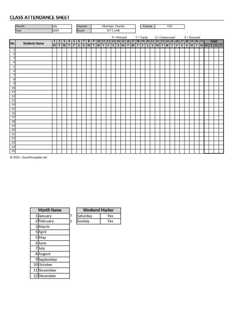 Class Attendance Sheet Monthly V1.0 | PDF