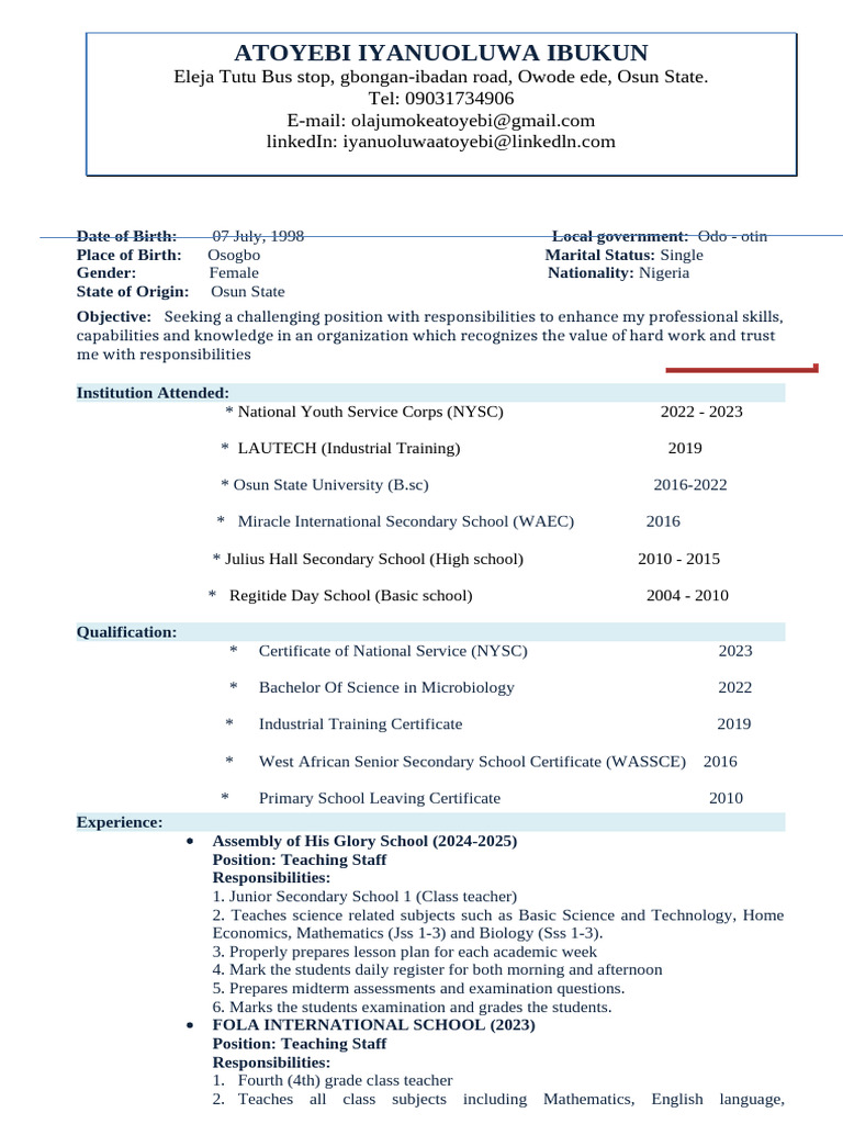 Teaching and Education Resume Nigeria | PDF