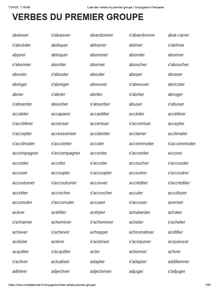 Liste des verbes du 1er groupe en français | PDF | Conjugaison