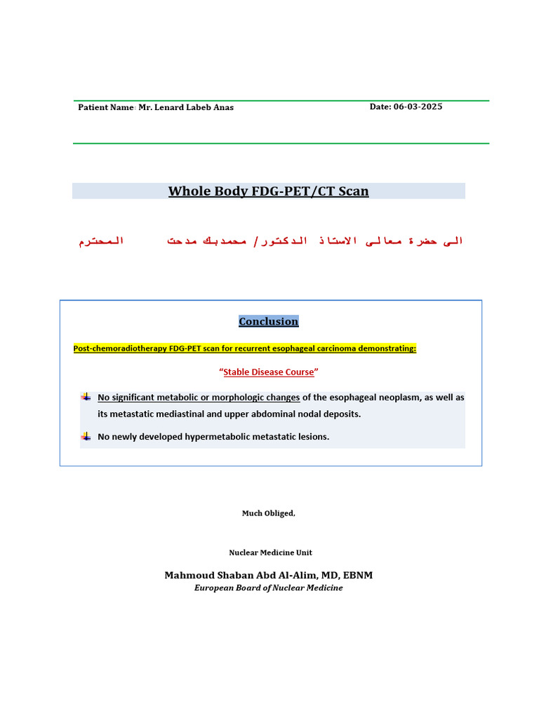 Lenard Labeb Anas PETCT 06-03-2025 | PDF | Esophageal Cancer | Positron ...