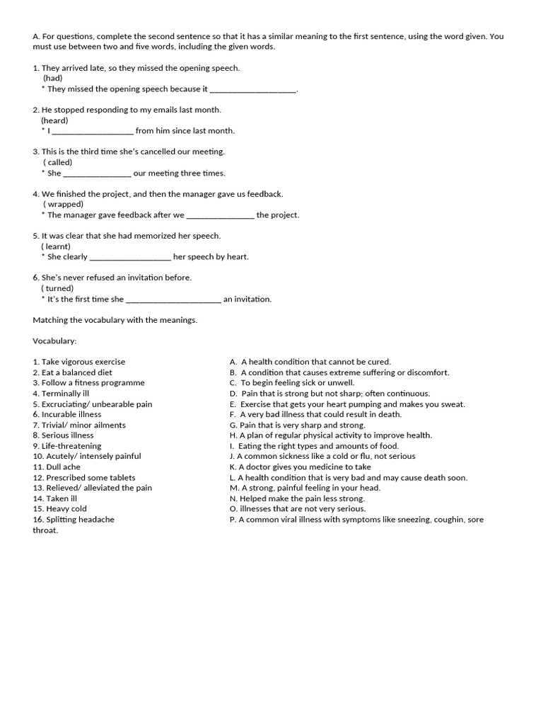 Sentence Completion and Vocabulary Exercises | PDF | Pain | Common Cold