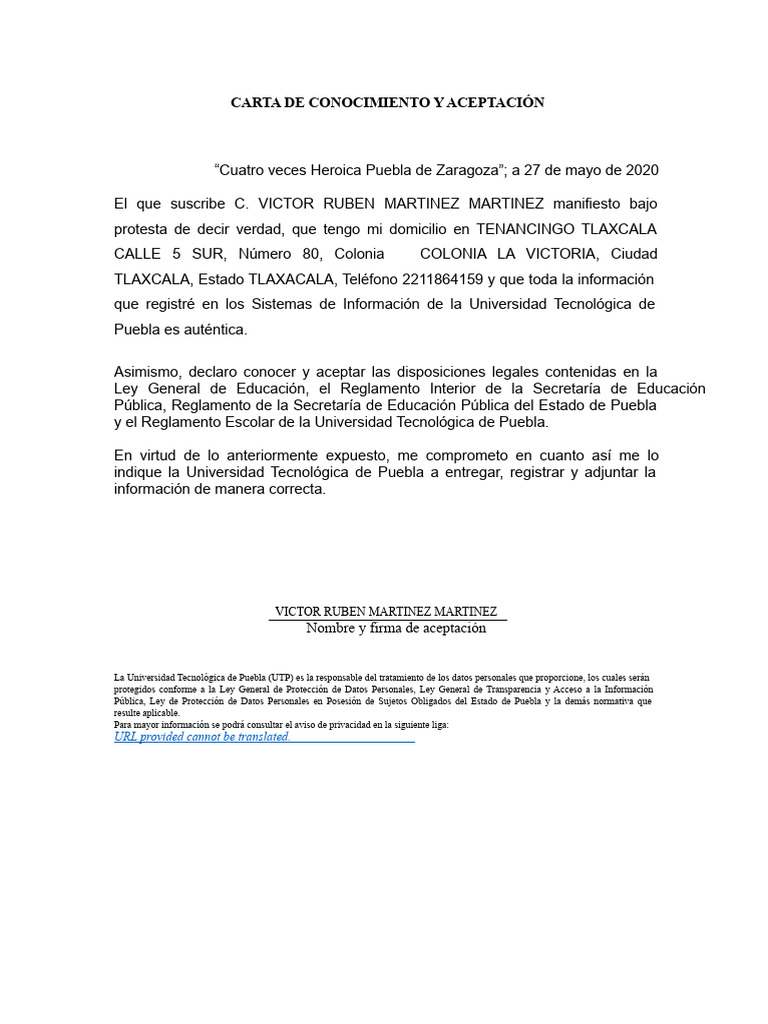 Carta de Aceptación UTP 2020 | PDF