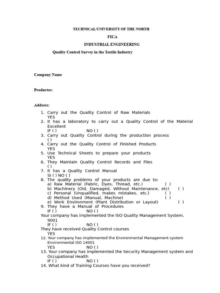 Quality Control Survey in The Textile Industry | PDF