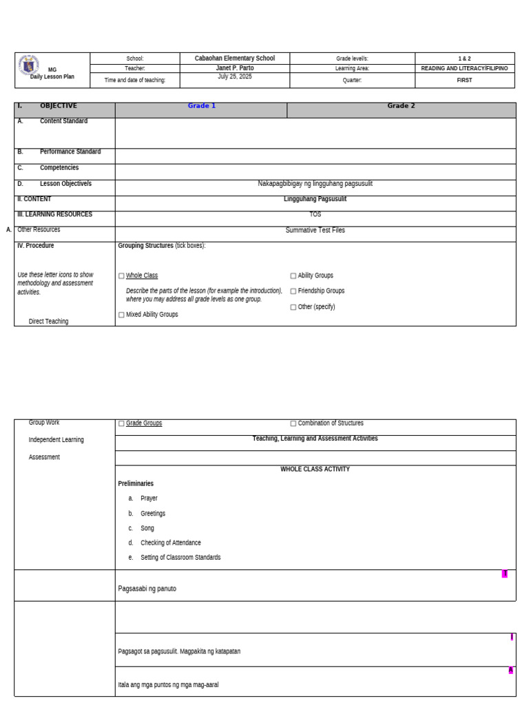 MG Day 5 Lesson Plan g1&g2 Reading 1 &fil2 | PDF | Lesson Plan | Procedural Knowledge