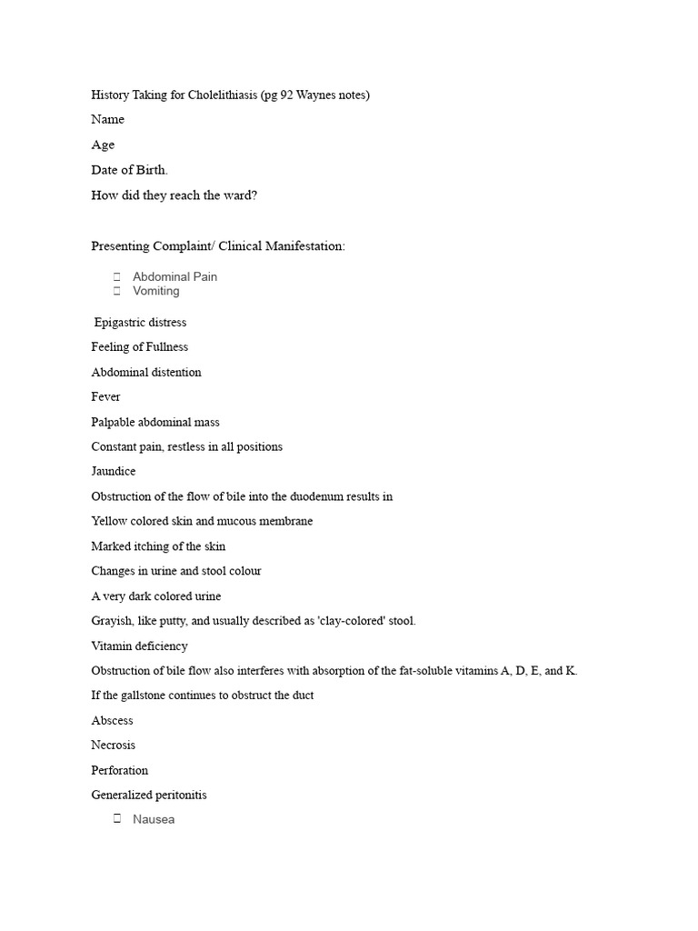 Cholelithiasis History Taking Guide | PDF | Gastroenterology | Diseases ...