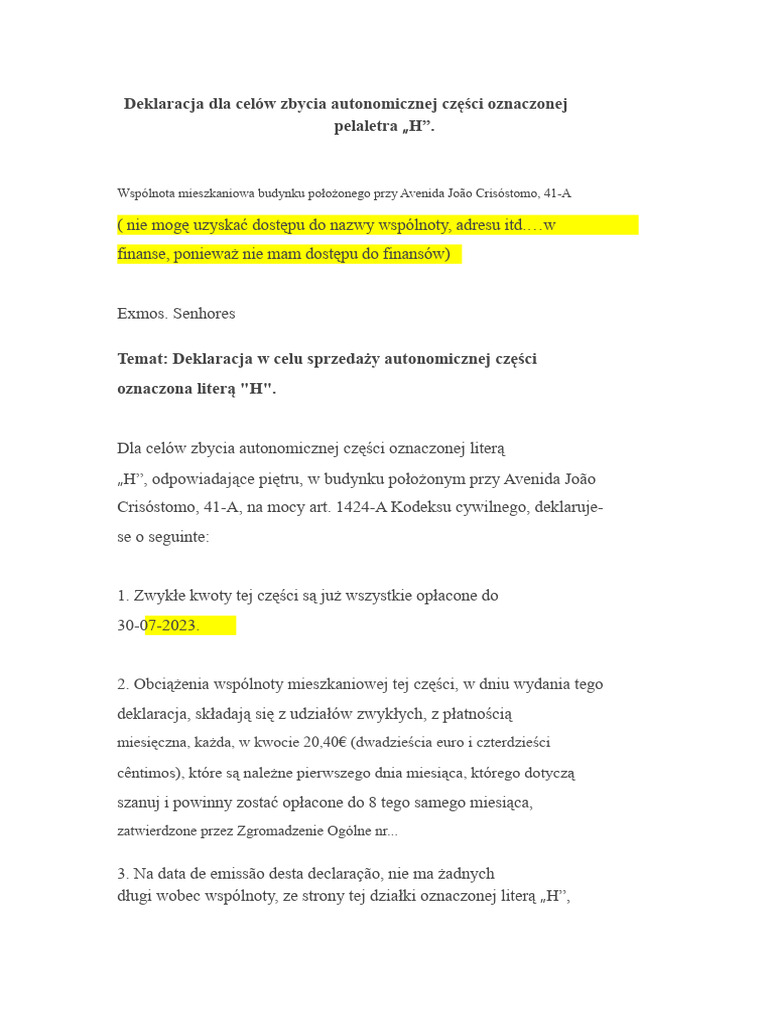 Oświadczenie W Celu Zbycia Samodzielnej Części Oznaczonej Literą | PDF