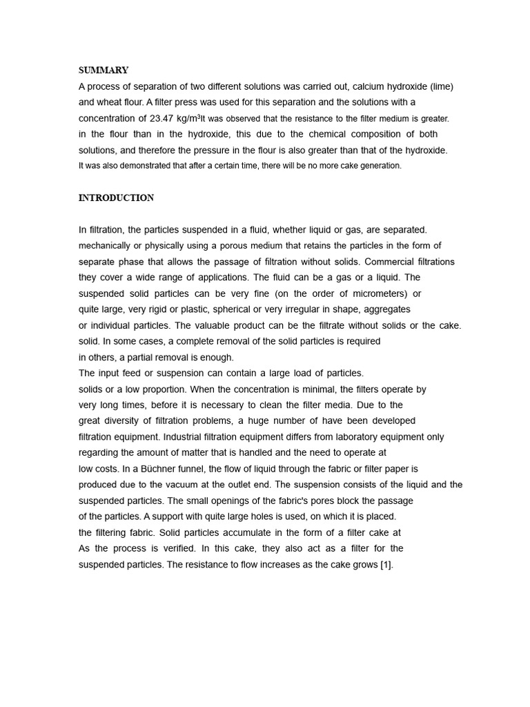 Report On Calcium Carbonate and Wheat Flour Filtration Practice Using A ...