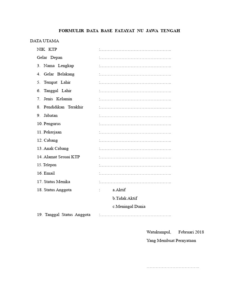 Formulir Data Base Fatayat NU Jawa Tengah | PDF