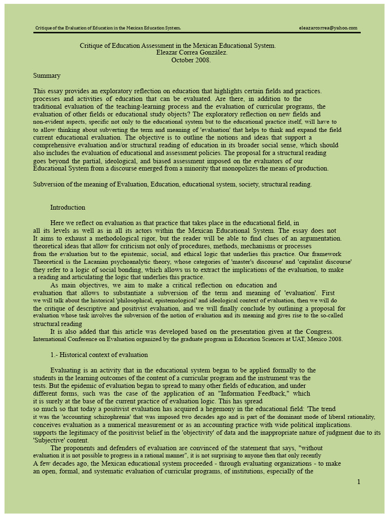 Evaluation in Education Mexican Education System. Eleazar Correa González | PDF | Evaluation ...