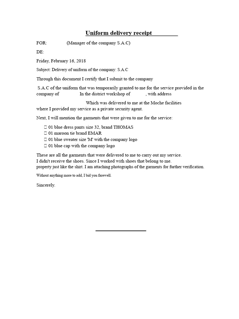 Uniform Delivery Receipt | PDF