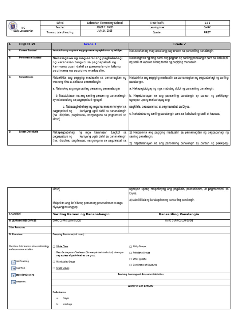 Day 4mg Lesson Plan g1&g2 - Gmrc1&2 | PDF