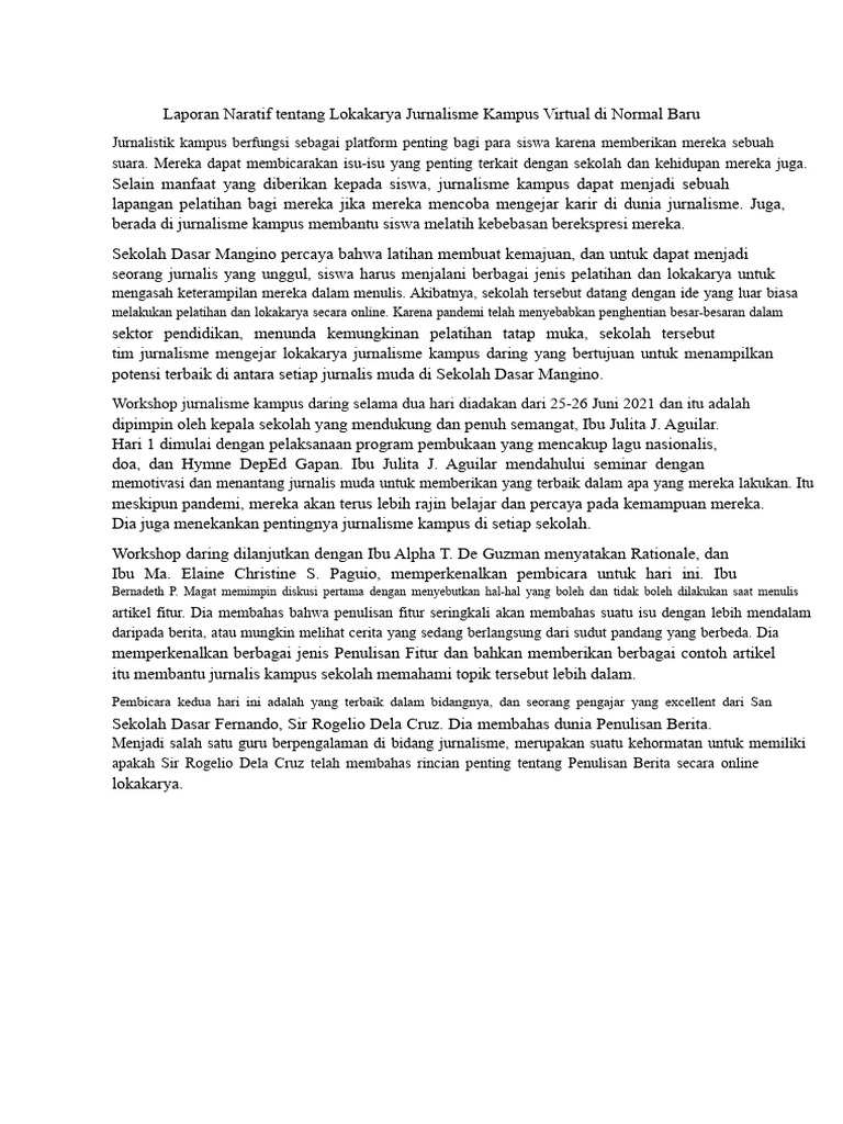 Narasi Dalam Lokakarya Jurnalistik Kampus Virtual | PDF