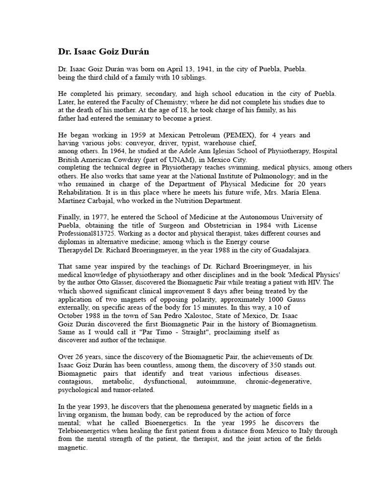 Dr. Isaac Goiz Durán: Biomagnetism Pioneer | PDF | Physical Therapy ...