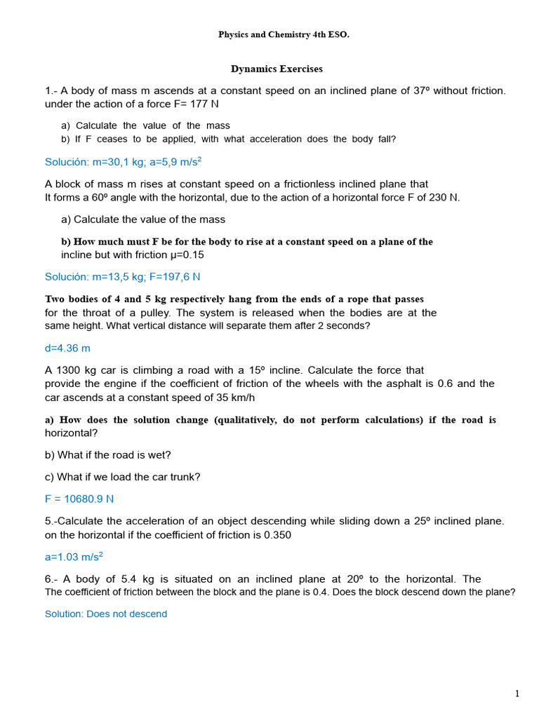 Inclined Plane Exercises | PDF | Force | Friction