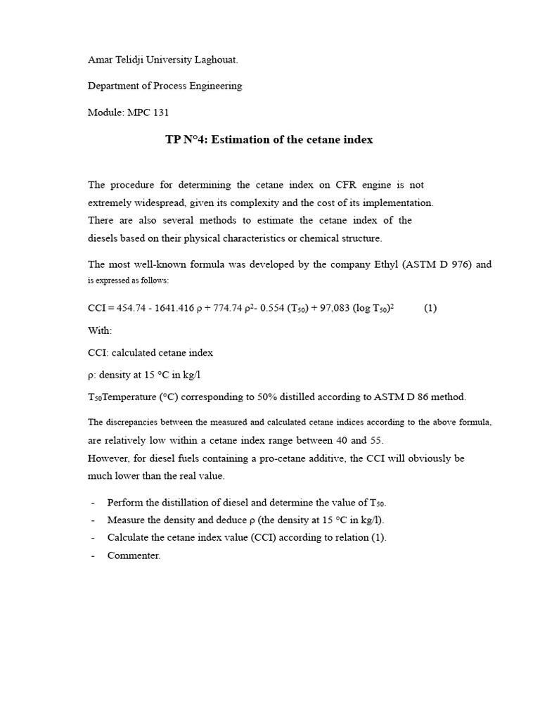 Cetane Index Estimation Procedure | PDF