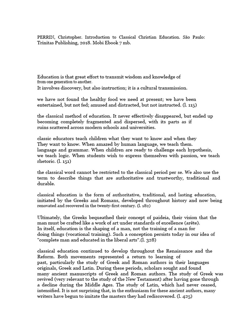 PERRIN, Christopher. Introduction To Classical Christian Education | PDF | Classics | Liberal ...