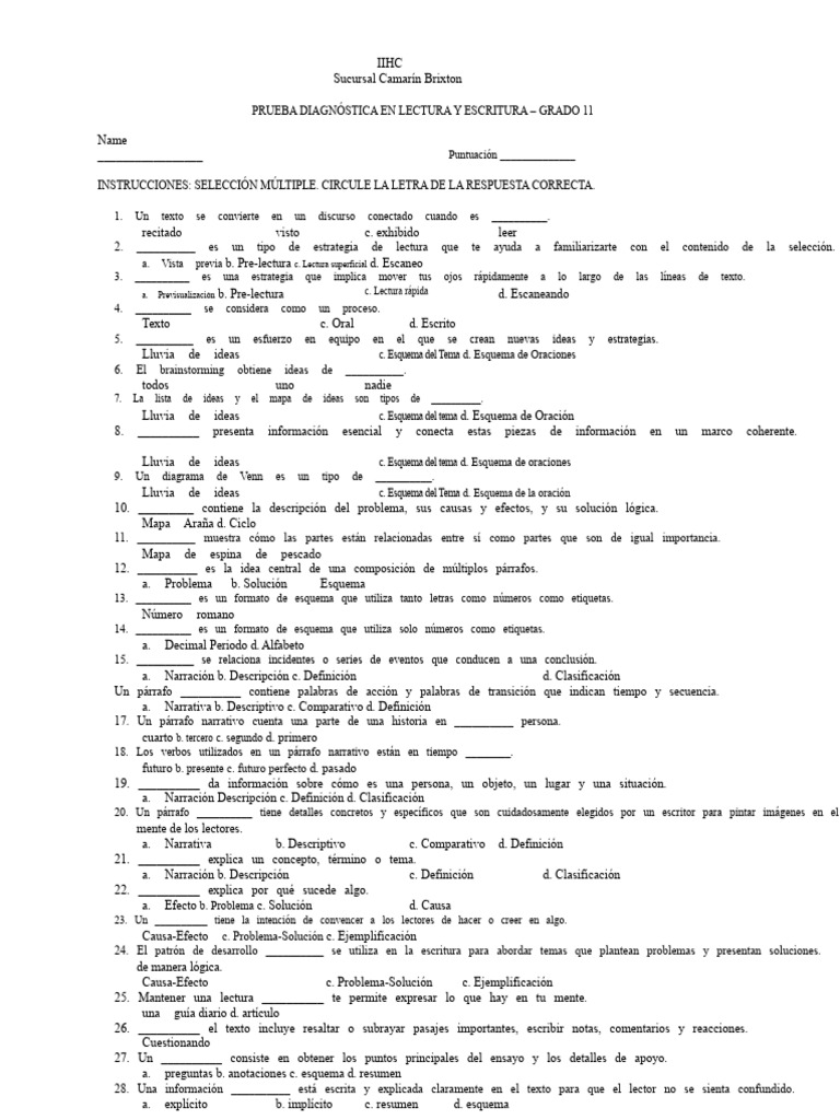 415152041-Prueba de diagnóstico en lectura y escritura | PDF