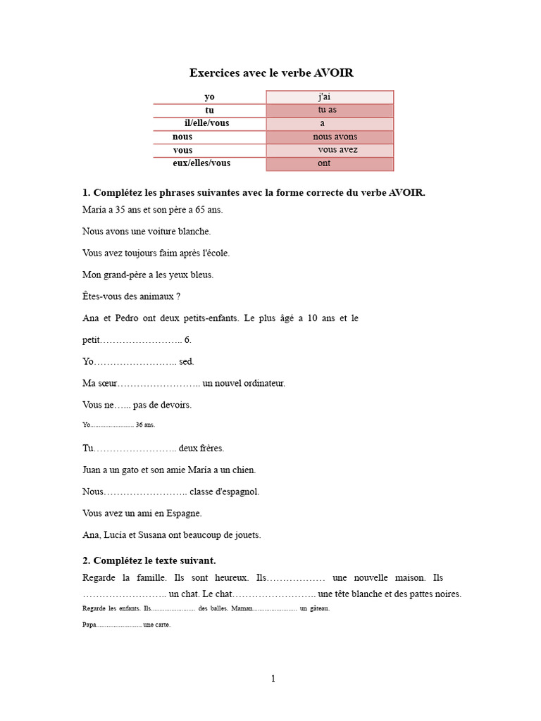 Exercices sur le verbe AVOIR | PDF