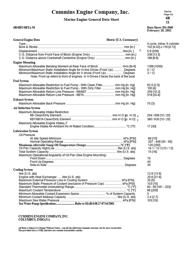 Cummins General Engine Data Sheet 6B, 6BT, 6BTA | PDF | Engines | Machines