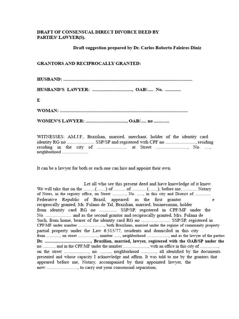 Draft of Direct Consensual Divorce Deed | PDF | Divorce | Marriage