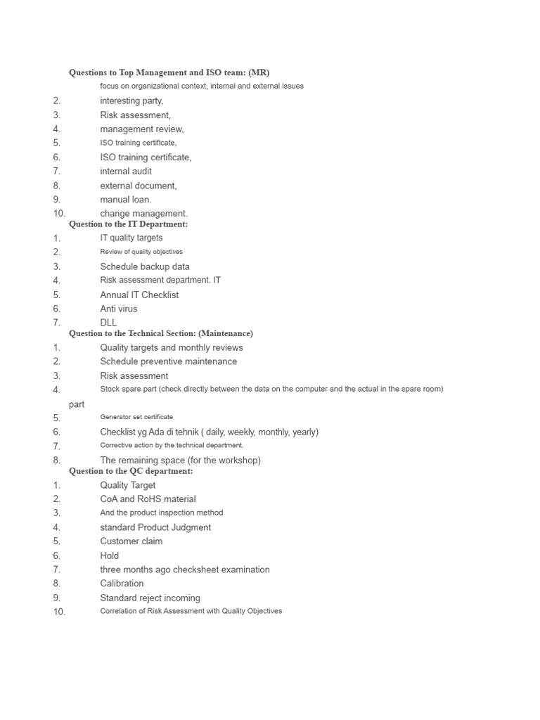 ISO Management Review and Quality Assessment Questions | PDF | Audit | Risk