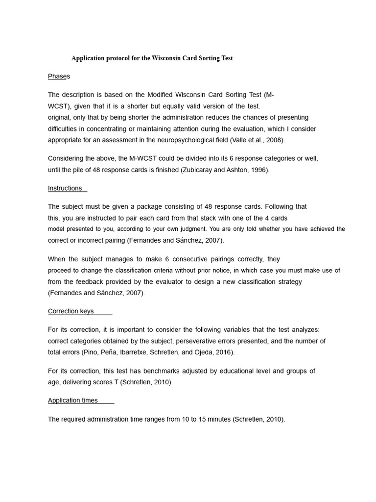 Wisconsin Card Sorting Test Procedure | PDF