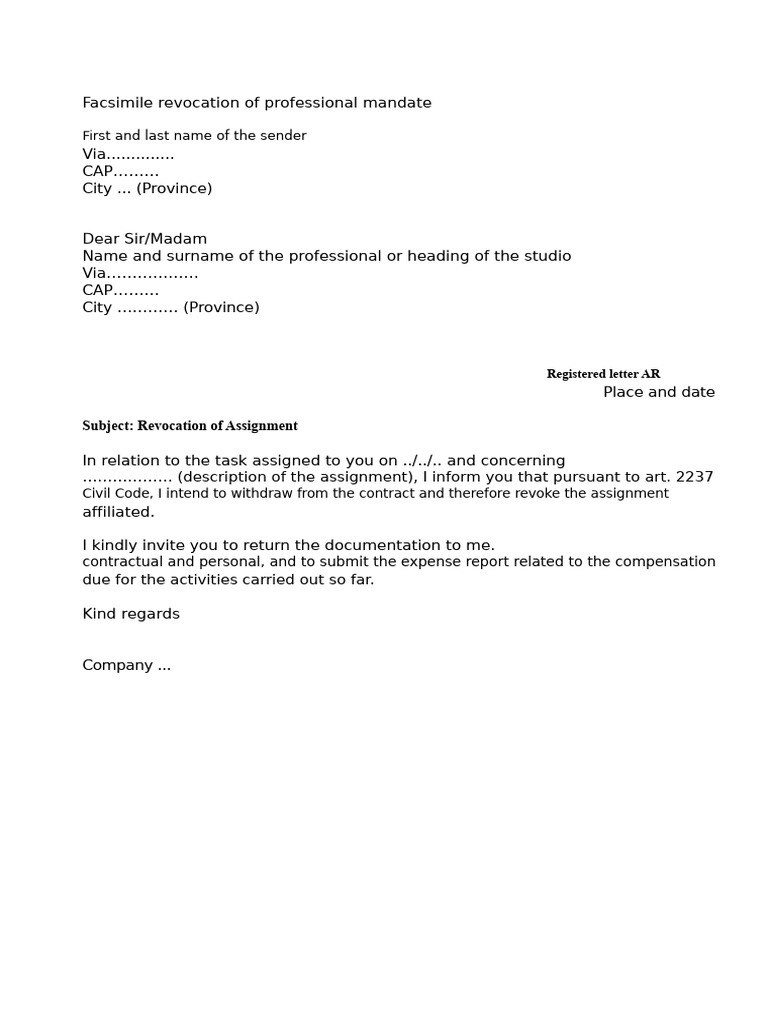 Sample Revocation of Professional Mandate | PDF