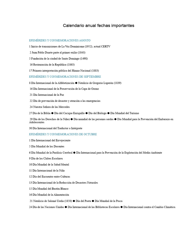 Fechas Importantes y Efemérides Anuales | PDF | República Dominicana