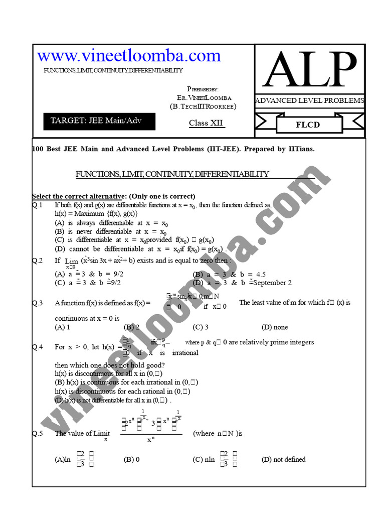 Functions, Limit, Continuity, Differentiability IIT-JEE (JEE Main and ...