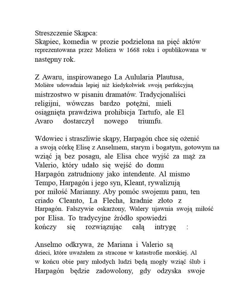 Streszczenie Chciwca | PDF