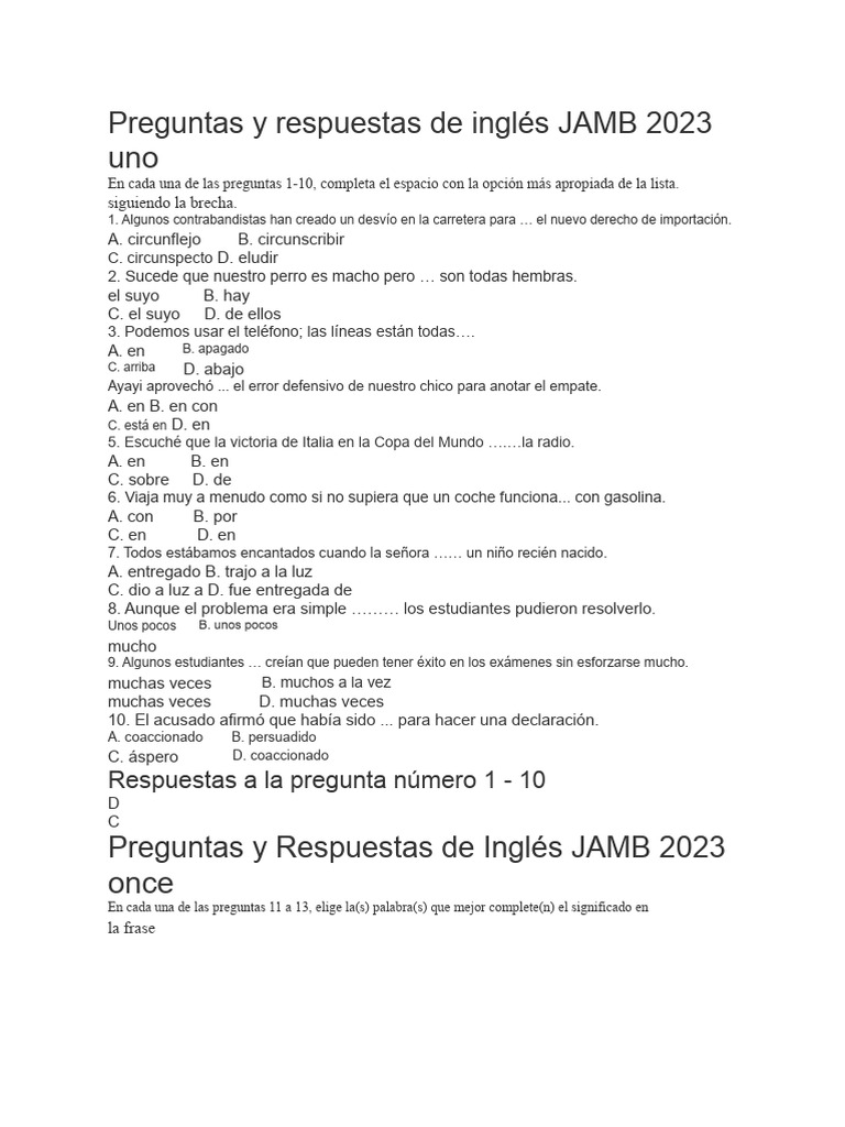 Preguntas y Respuestas de Inglés JAMB 2023 | PDF
