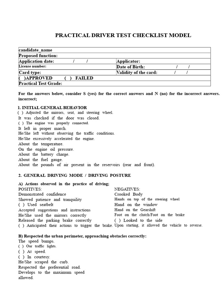 Practical Driving Assessment Checklist | PDF | Driving | Traffic
