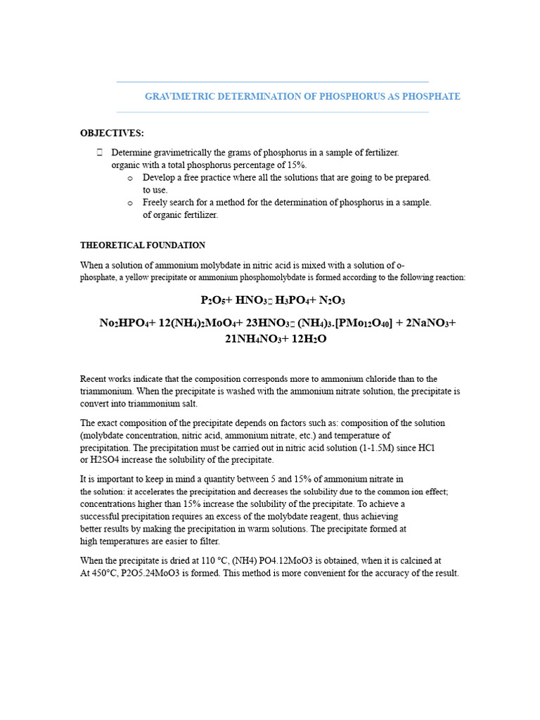 Gravimetric Determination of Phosphorus As Phosphate | PDF | Nitric ...