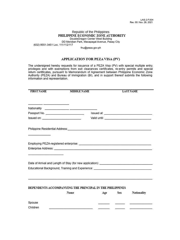 Application Form For PEZA Visa | PDF | Travel Visa | Affidavit