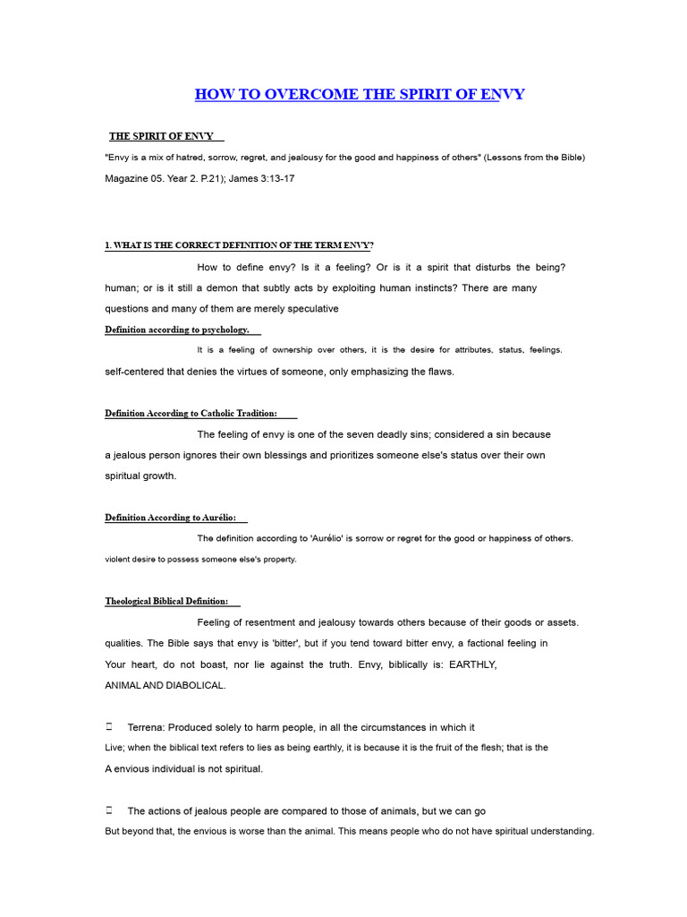 How To Overcome The Spirit of Envy | PDF | Defamation | Envy