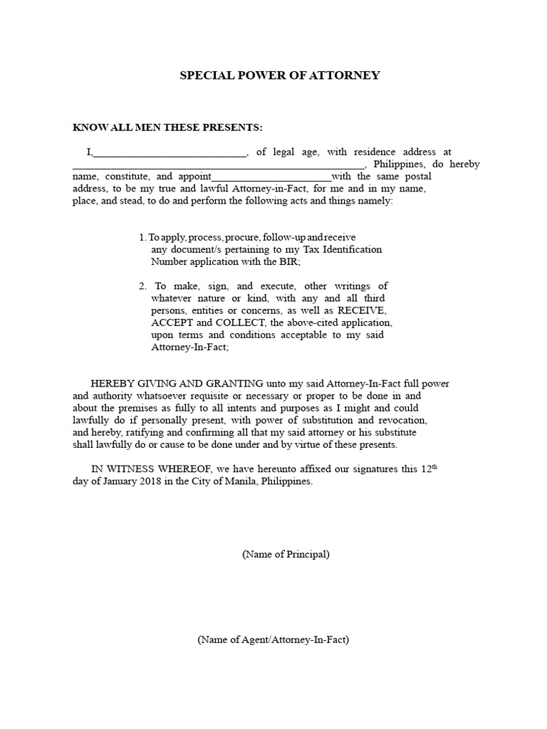 Special Power of Attorney for BIR TIN | PDF