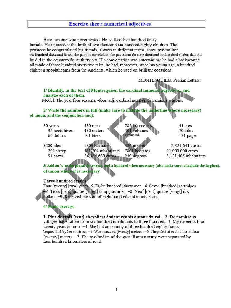 Exercises On Numerical Adjectives | PDF